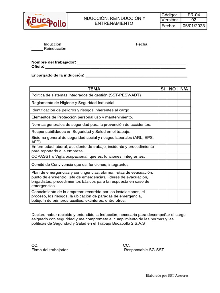 FR-04 Inducción, Reinducción y Entrenamiento | PDF