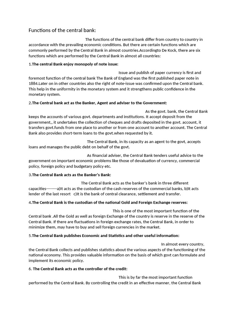 Functions of the Central Bank Explained | PDF | Central Banks | Banks