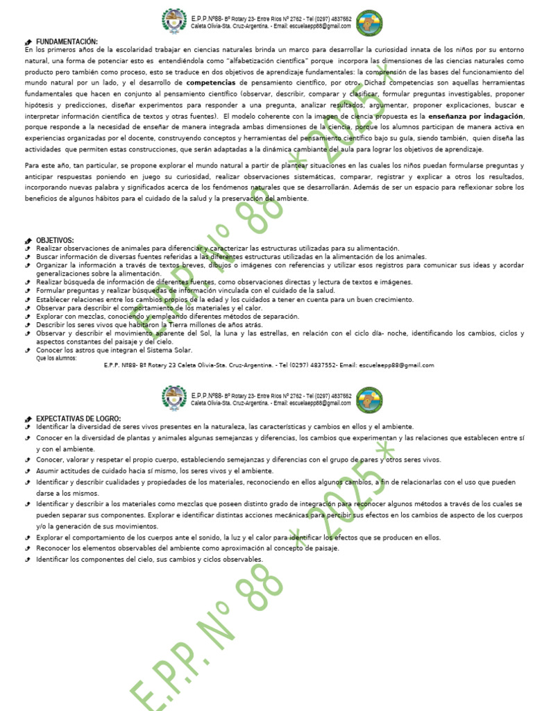 Planificacion Anual Ciencias Naturales 3° 2025 E.P.P #88 - 104551 | PDF | Observación | Enseñando