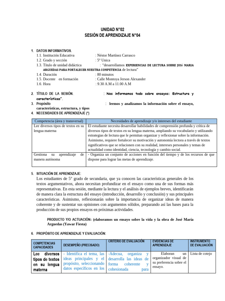 sesion de aprendizaje N°04 | PDF | Aprendizaje | Maestros