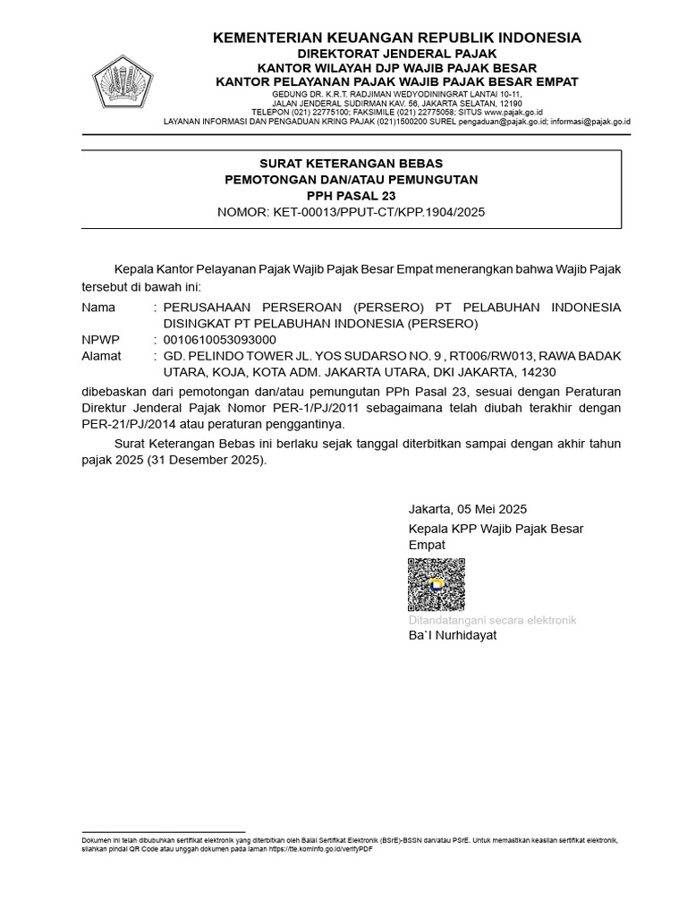 Surat Keterangan Bebas PPH Pasal 23 Tahun 2025 Pelindo | PDF