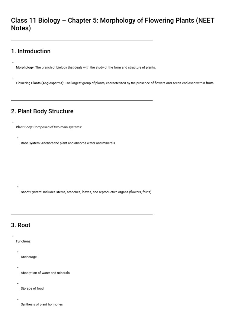 Morphology of Flowering Plants Notes | PDF | Leaf | Fruit