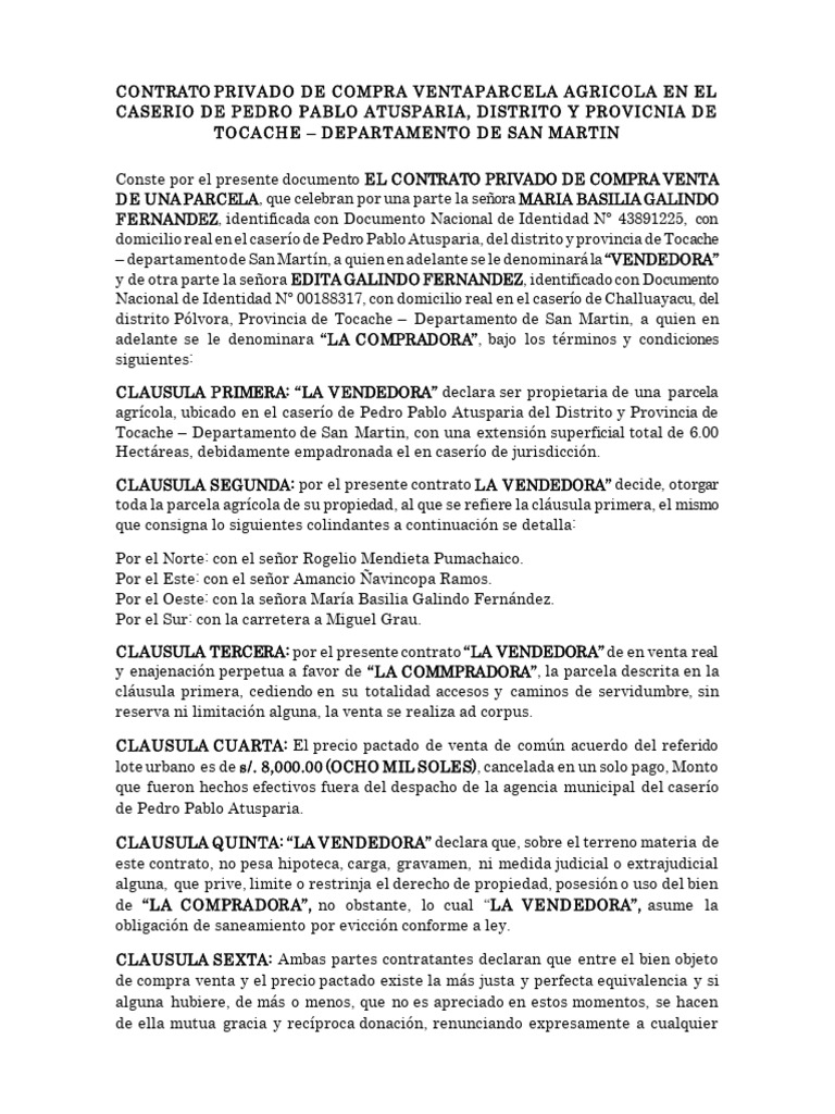 Contrato Privado de Compra Venta de Lote Urbano en El Distrito y Provicnia de Tocache | PDF ...