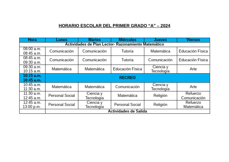 Horario Escolar Del Primer Grado | PDF