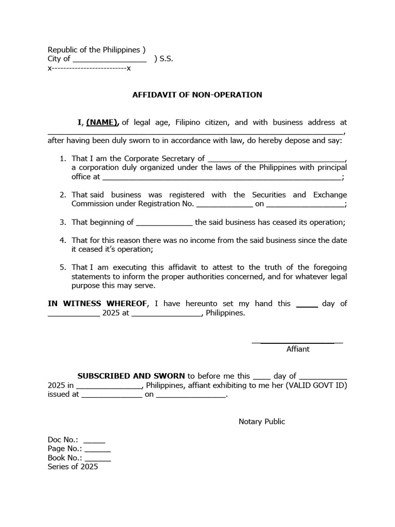 Affidavit of Non-Operation - Business Retirement - TEMPLATE | PDF