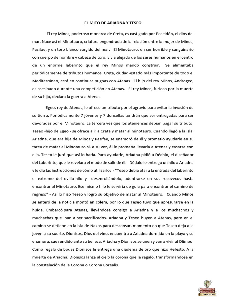 El Mito de Ariadna y Teseo | PDF | Minotauro | Teseo