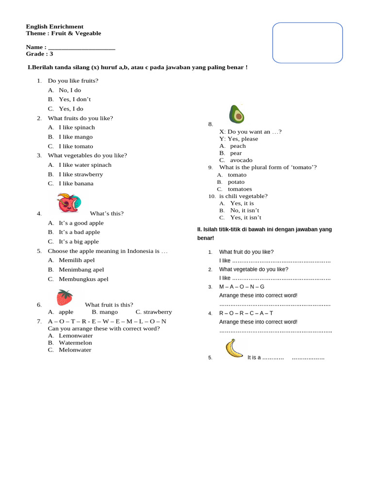 English Enrichment (Fruit and Vegetables) | PDF | Fruit | Vegetables