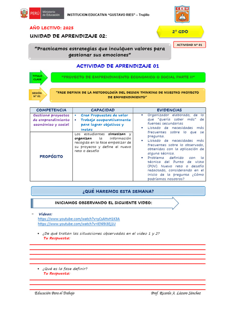 1 Actividad 2 Grado Fase Definir de La Metodología Del Design Thinking ...