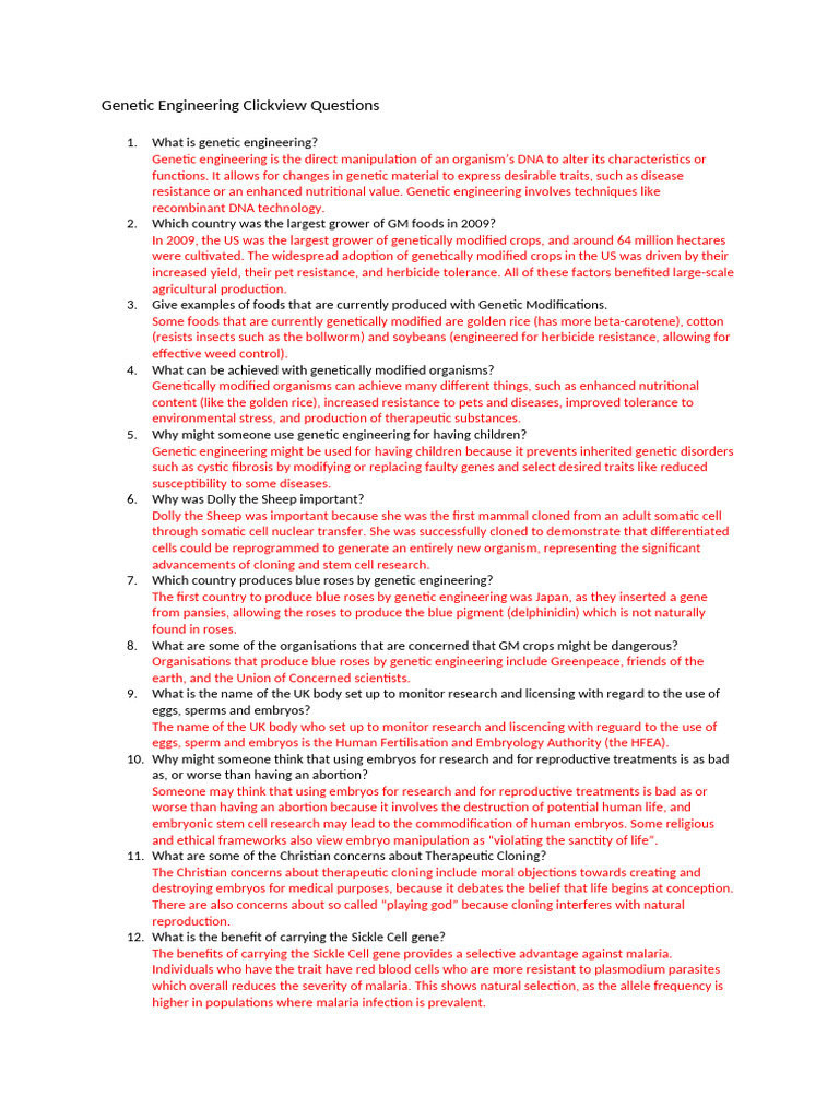 Netic Engineering Clickview Questions | PDF | Genetic Engineering | Genetics