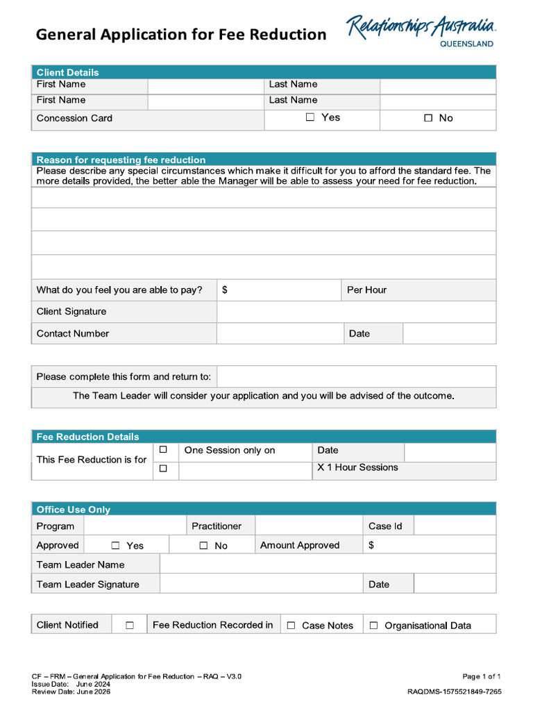 AA - Fee Relief Form | PDF