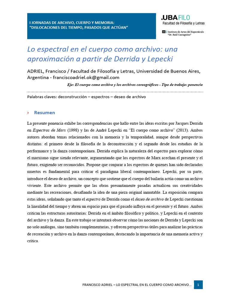 Adriel Frrancisco - Lo Espectral en El Cuerpo Como Archivo | PDF | Arte de performance | Bailes