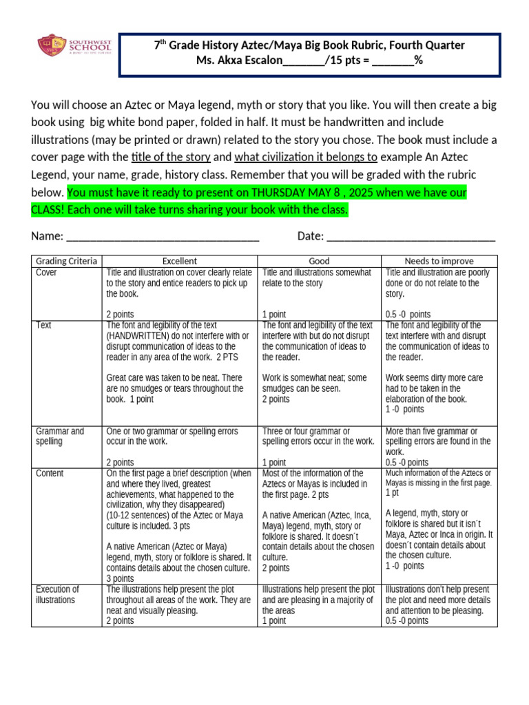 7th Aztec Maya Big Book Rubric History | PDF | Books | Writing
