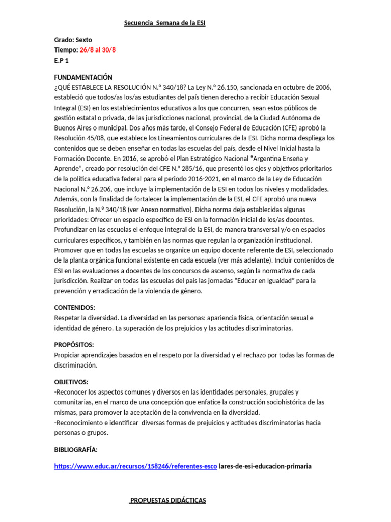 Secuencia Semana de La ESI | PDF | Discriminación | Educación de la primera infancia