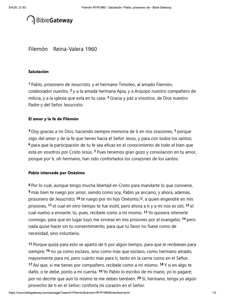 Filemón RVR1960 - Salutación - Pablo, Prisionero de - Bible Gateway ...