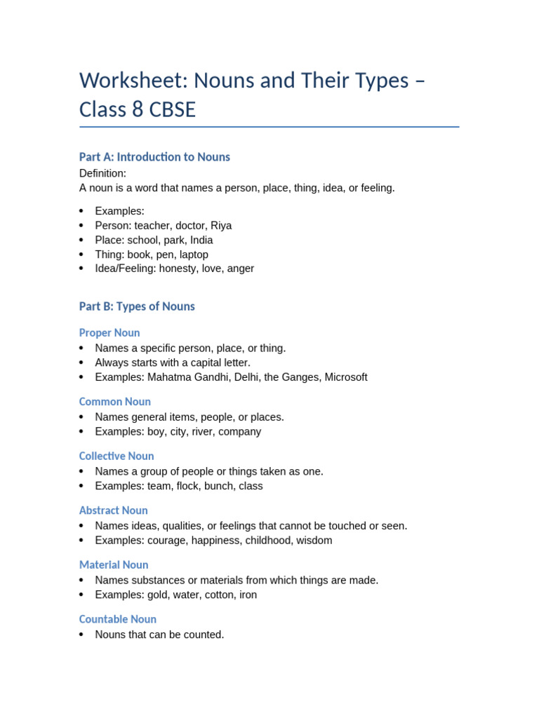 Noun Worksheet Class8 CBSE | PDF