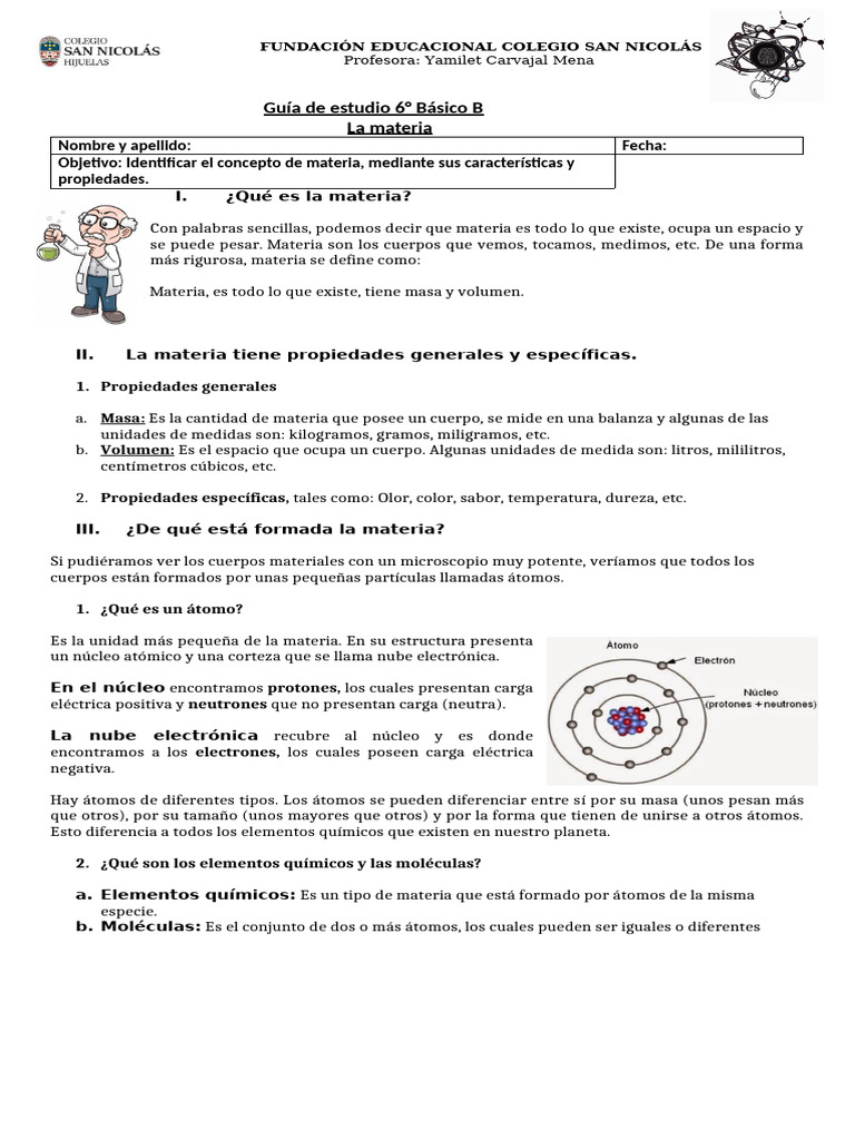 Guía de estudio 6° B la materia | PDF | Importar | Átomos