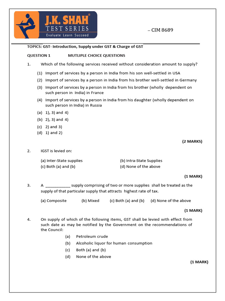 Indirect Tax Test Paper for CA Intermediate | PDF | Taxes | Government ...