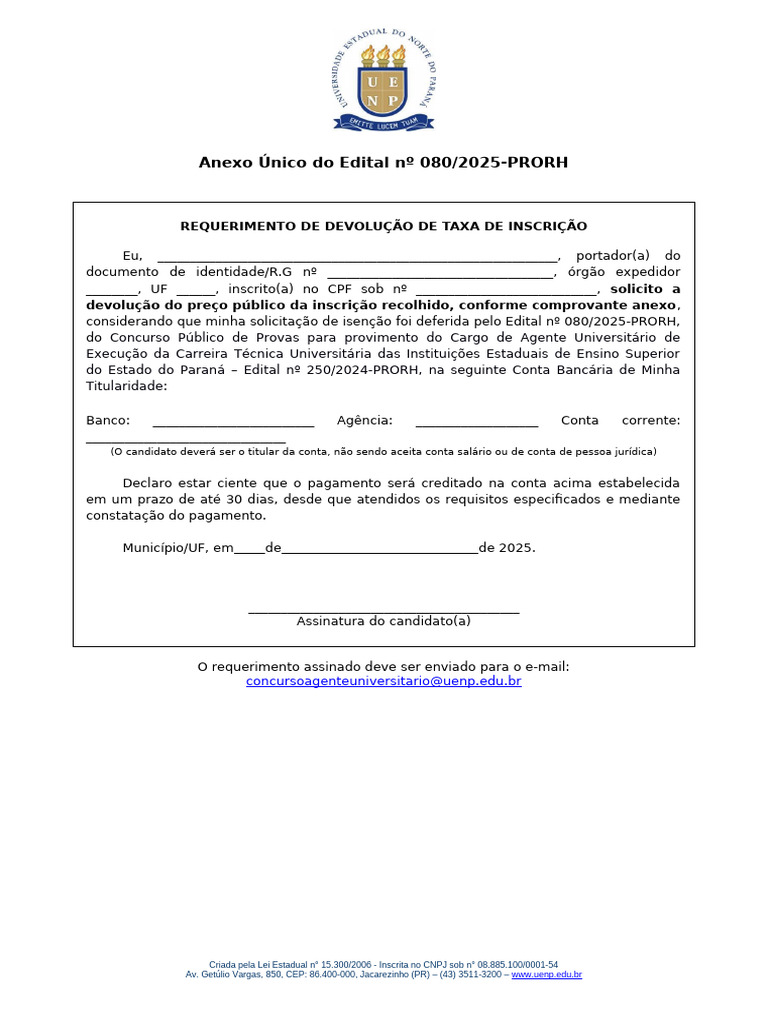 Requerimento de DevoluÃ Ã o de Taxa de InscriÃ Ã o Anexo Ã - Nico Do Edital Nâº 080-2025-PRORH | PDF