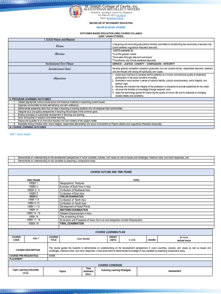 OBE-Syllabus SSM 7 Asian Studies (1) | PDF | Asia