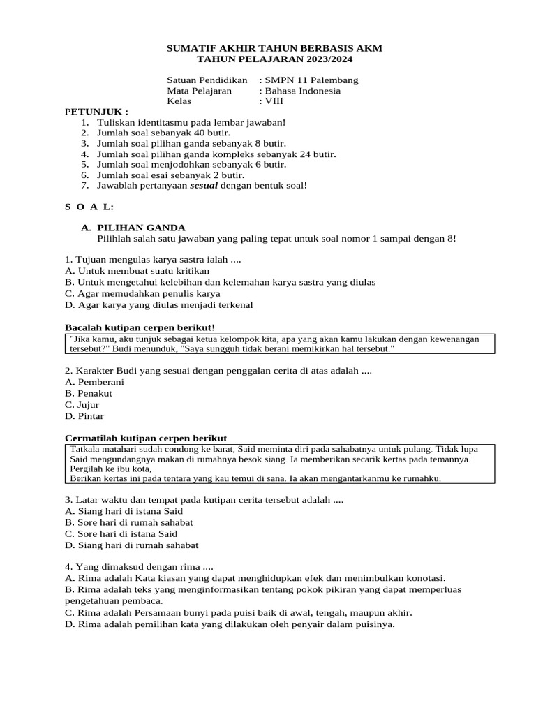 Soal Bindo Sat 2024 Kls Viii | PDF