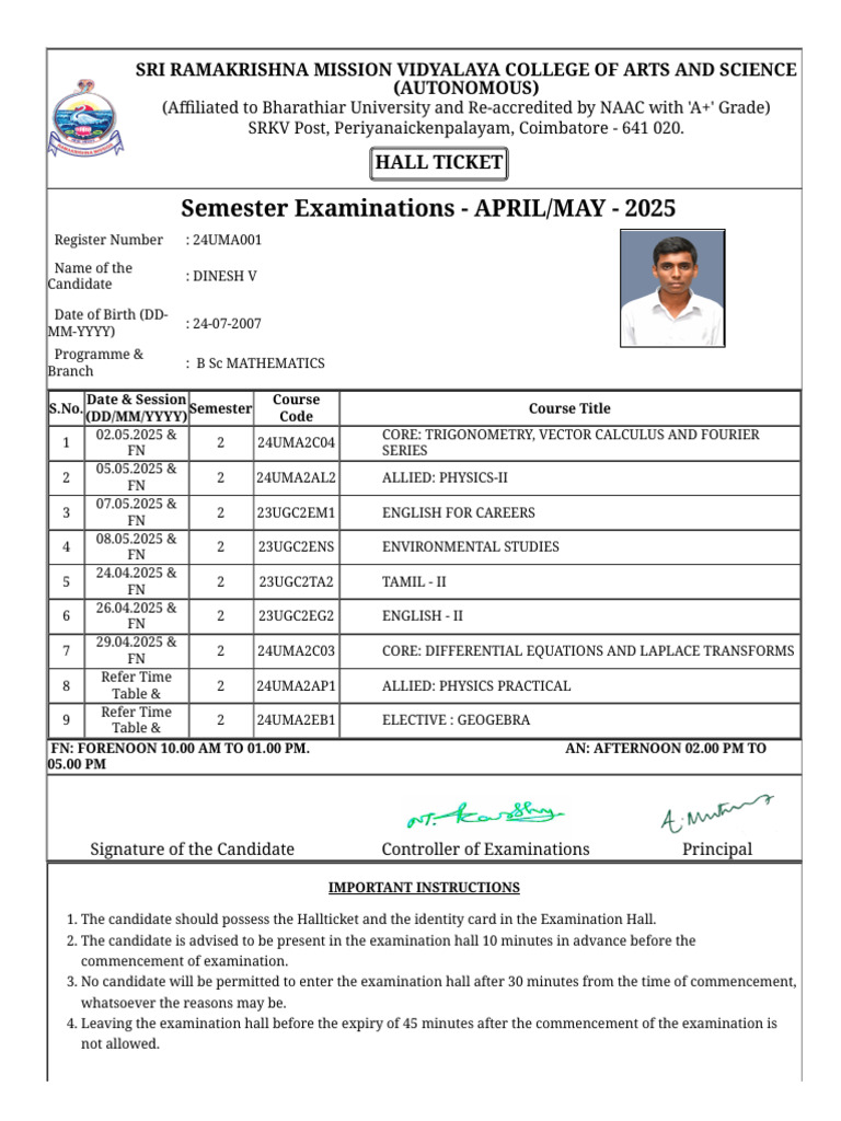 SRMV Hall Ticket for April/May 2025 | PDF | Mathematics | Mathematical ...