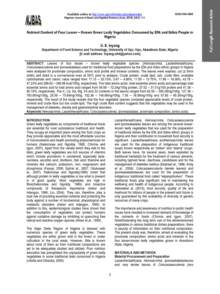 Nutrient Content of Four Lesser - Known Green Leafy Vegetables Consumed ...