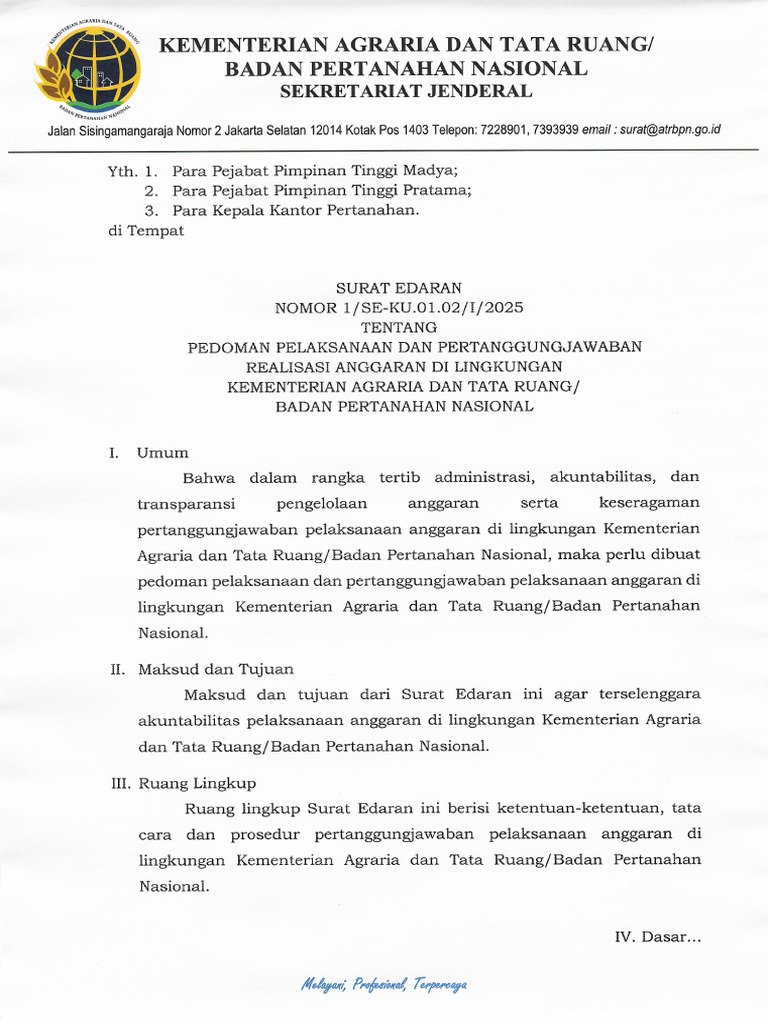 SE-1 - Pedoman Pelaksanaan Dan Pertanggungjawaban Realisasi Anggaran 2025 - TTB | PDF