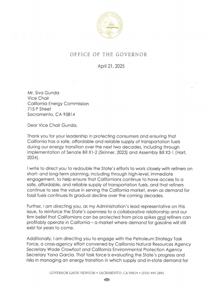 California Governor Newsom's Letter To Energy Commission | PDF