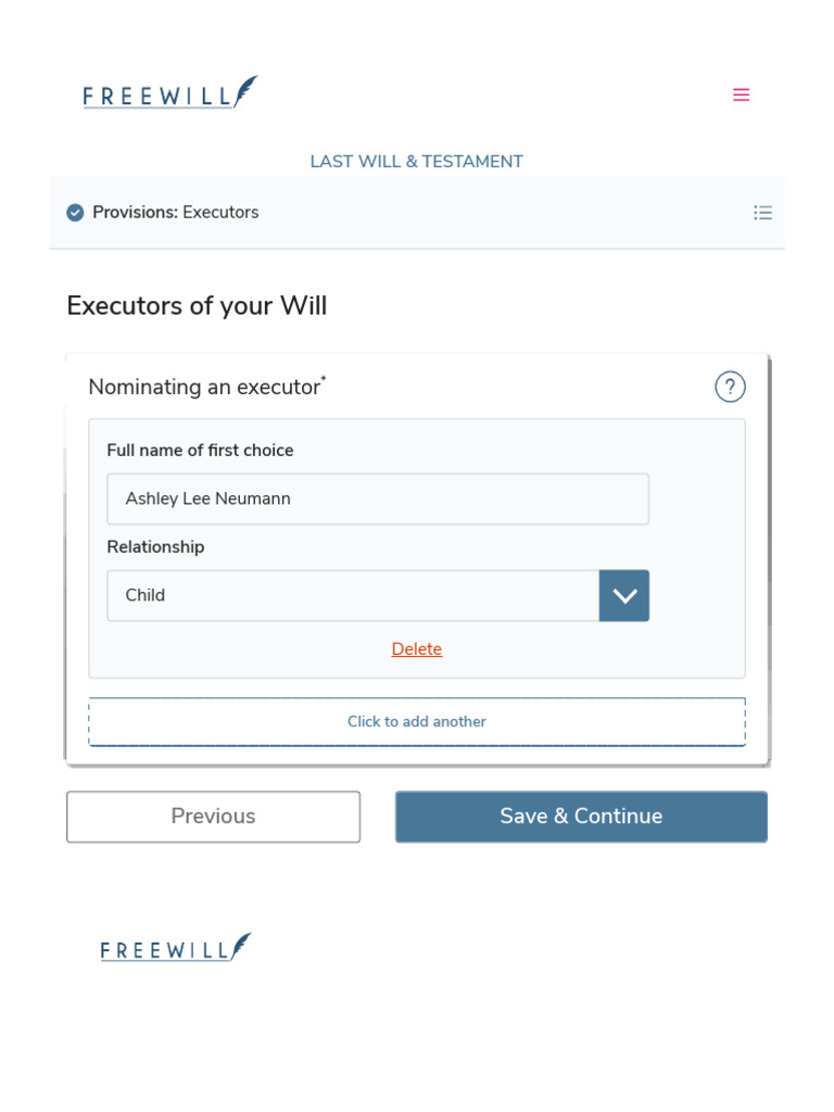 Executors of Your Will - Provisions - Last Will & Testament - FreeWill ...