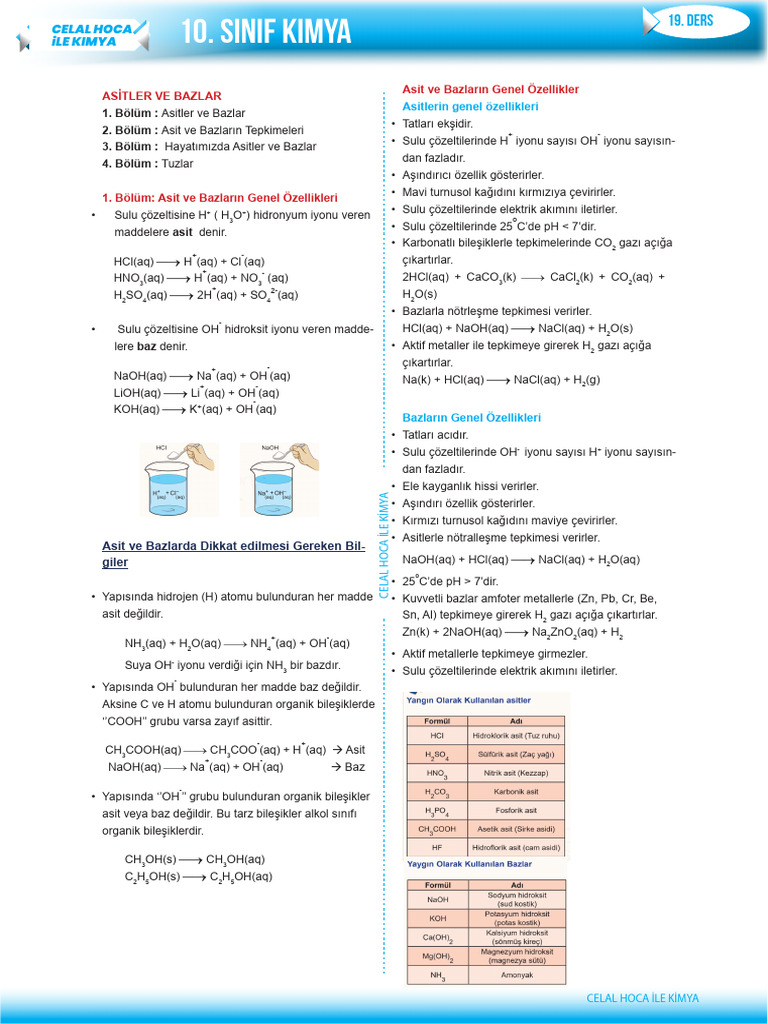 SInıf Kimya 19. Ders Asit Ve Bazların Genel Özellikleri | PDF