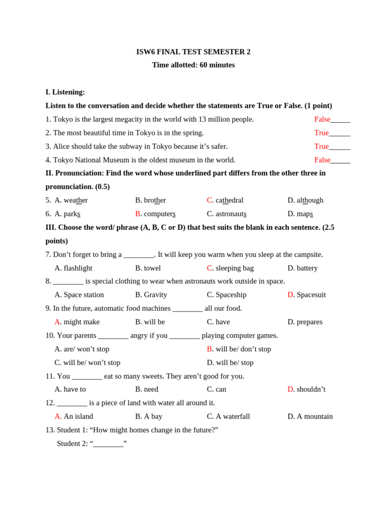 Key - Isw6 Final Test Semester 2 | PDF