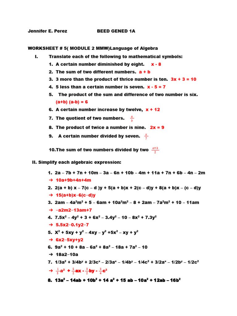 Worksheet 1 Module 2 Language of Algebra | PDF