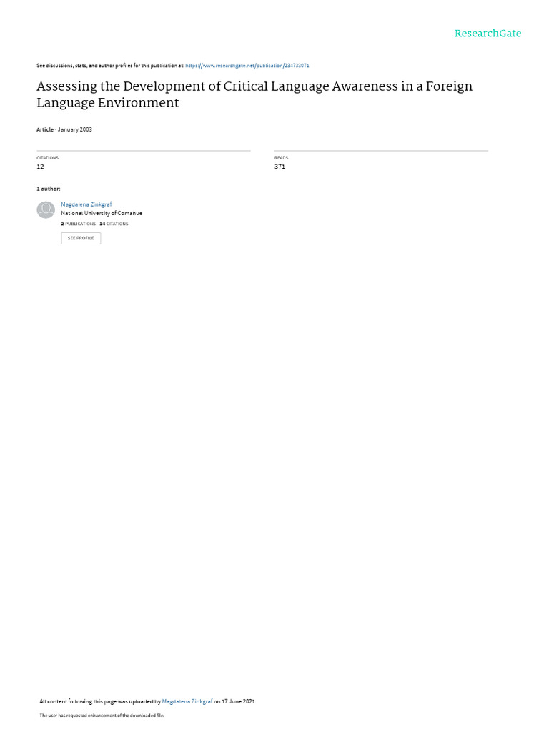 Assessing The Development of Critical Language Awareness in A Foreign ...