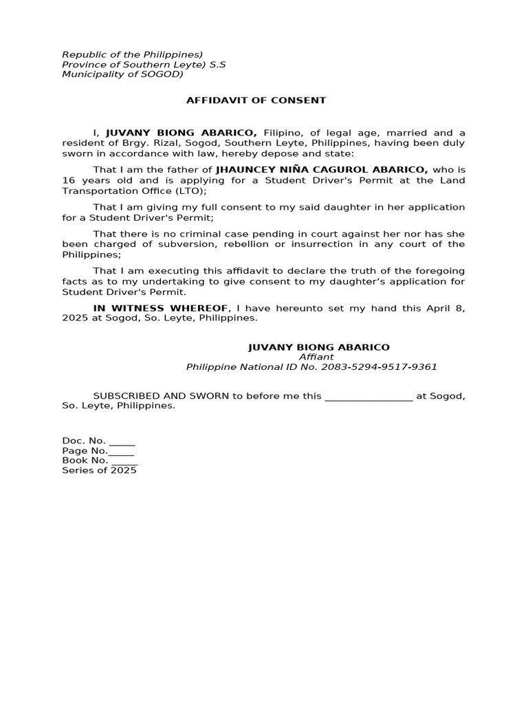 Affidavit of Consent. Student Permit | PDF