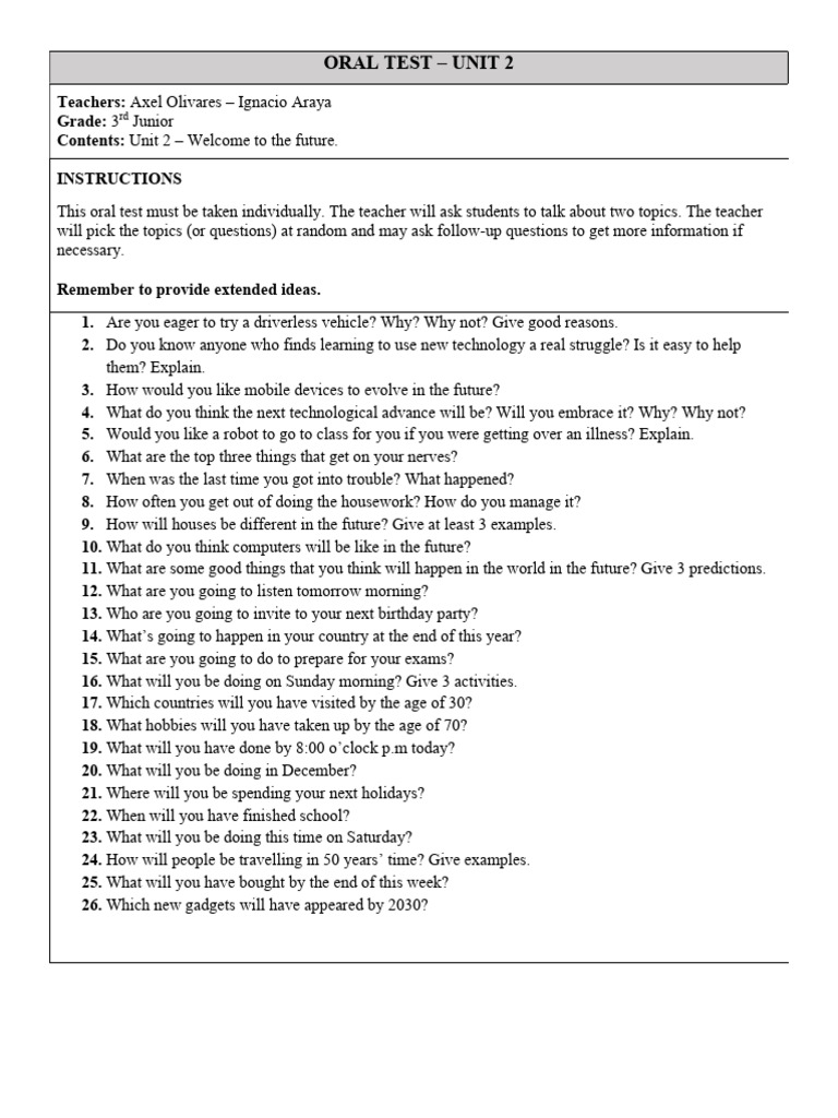Unit 2 - Oral Test Questions | PDF