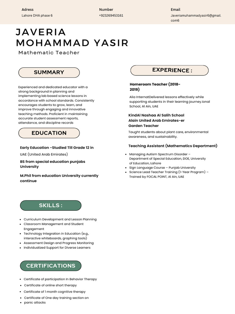 Green and Beige Creative Teacher Resume | PDF | Teachers | Special ...