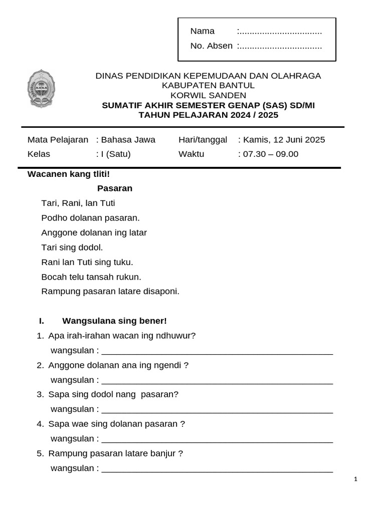 Soal b.jawa Sas 2 Kelas 1 2025 | PDF