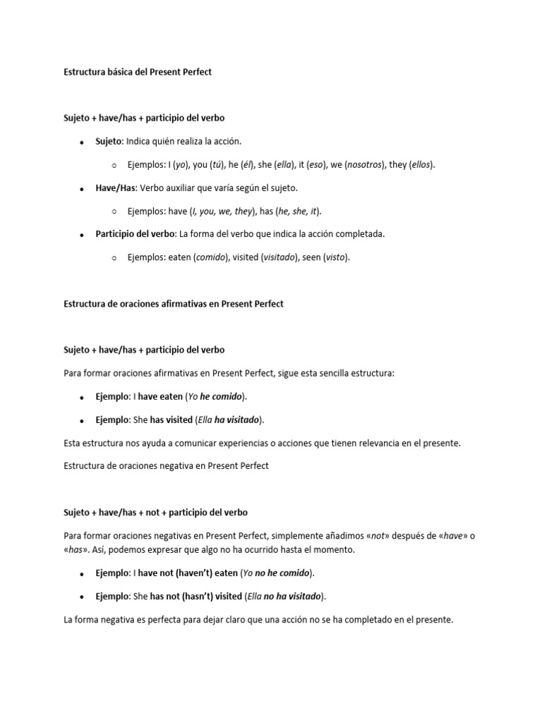 Estructura Básica Del Present Perfect - Notas y Worksheets | PDF ...