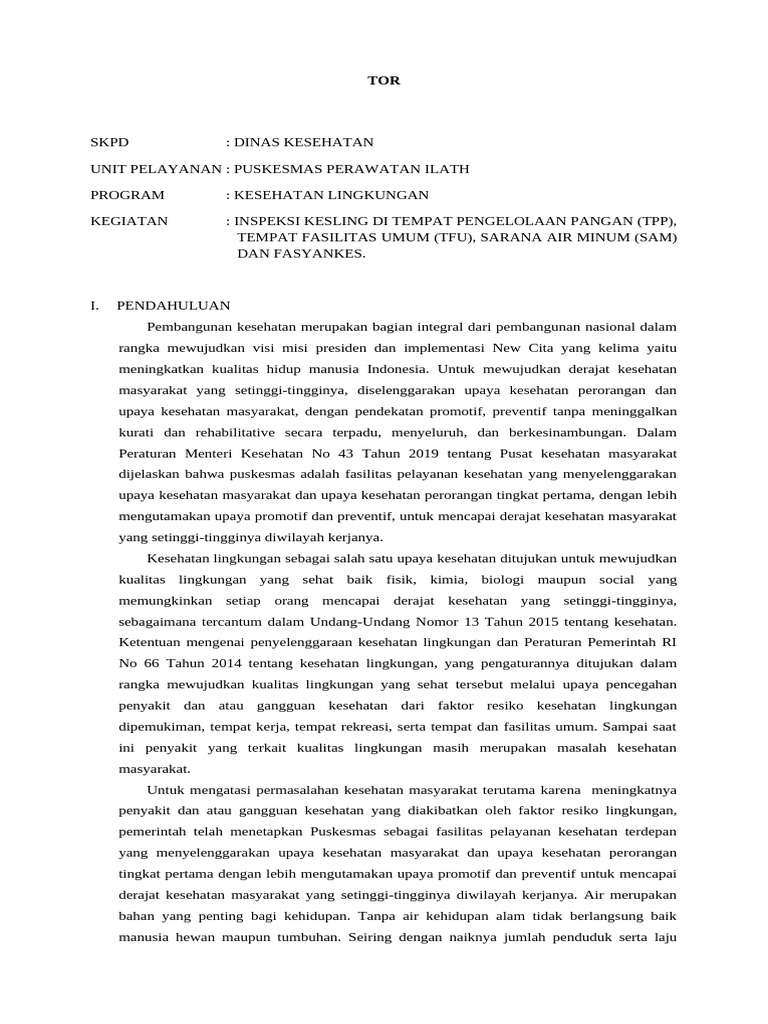 TOR Inspeksi Kesling Di Sarana Tempat Dan Fasilitas Umum, Sarana Tempat Pengelolaan Pangan (TPP ...