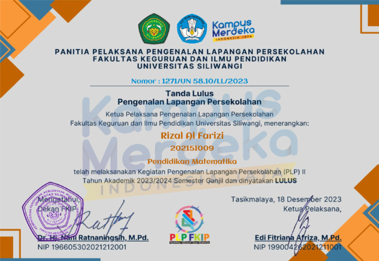 Sertifikat PLP 2 Atas Nama Rizal Al Farizi | PDF