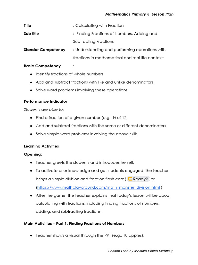 Calculating With Fraction Lesson Plan | PDF | Subtraction | Learning