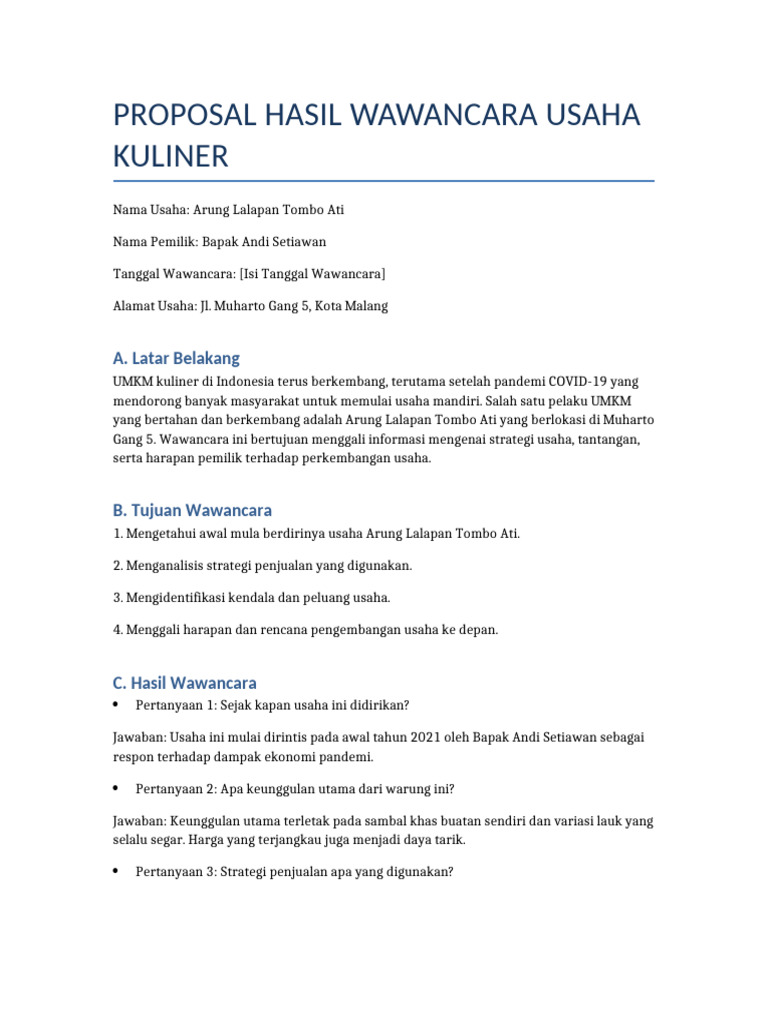 Proposal Hasil Wawancara Arung Lalapan Tombo Ati | PDF