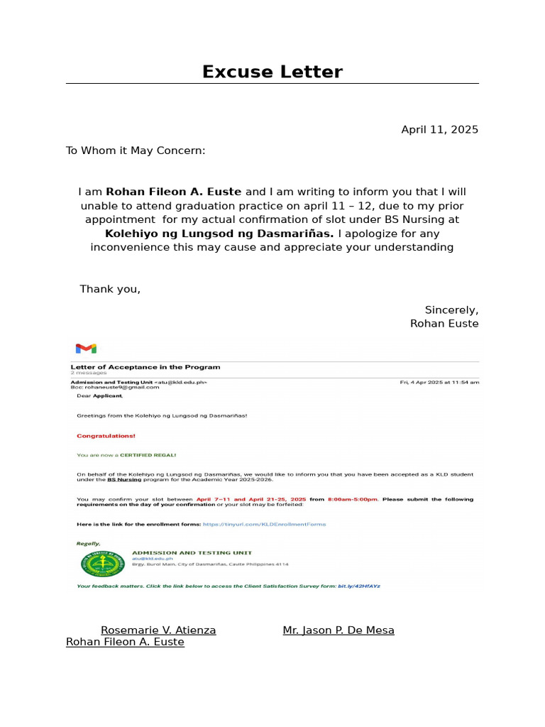 Excuse Letter | PDF