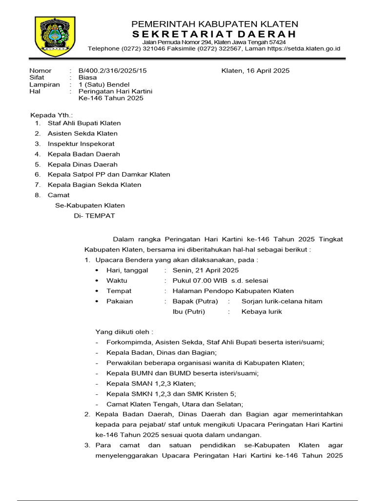 Surat Edaran Hari Kartini (KOP SETDA) | PDF