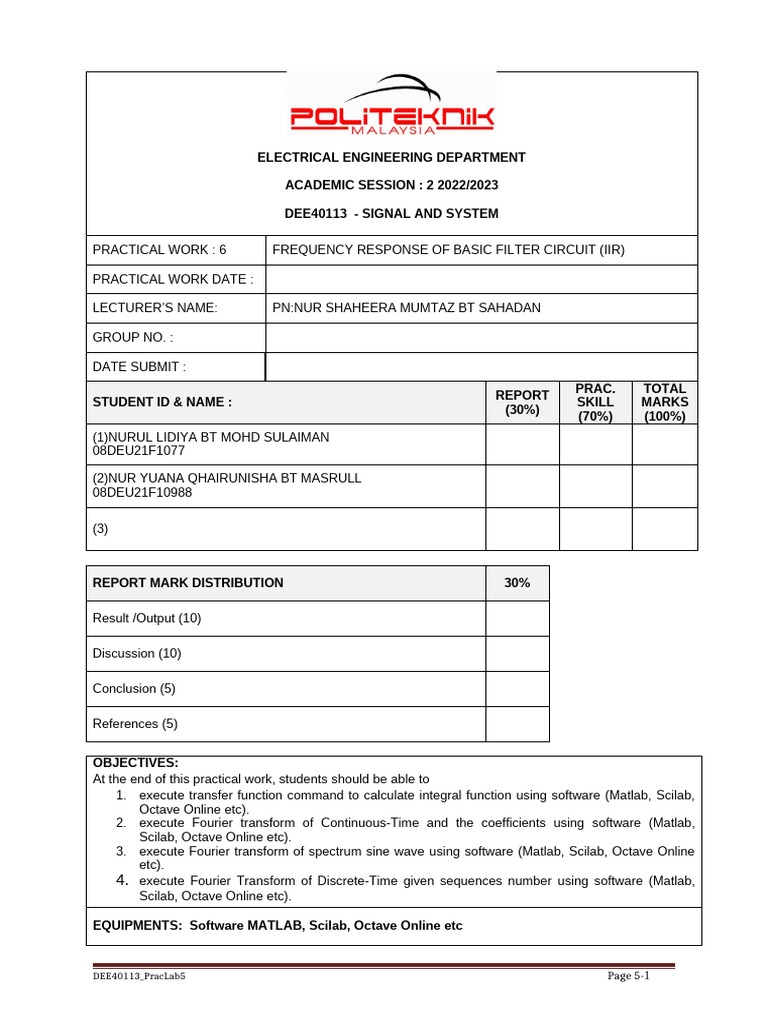 PW6 - Fourier Response of Basic Filter | PDF | Filter (Signal Processing) | Low Pass Filter