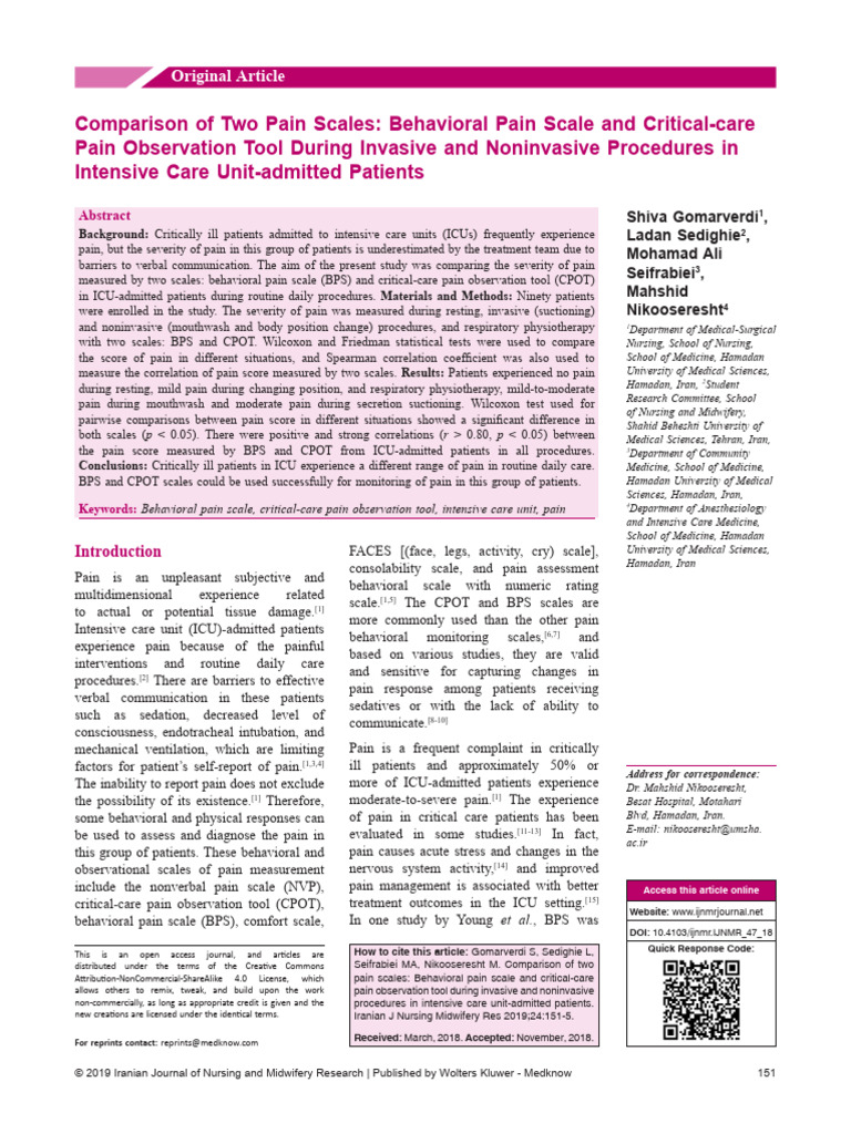 Comparison of Two Pain Scales | PDF | Pain | Intensive Care Medicine