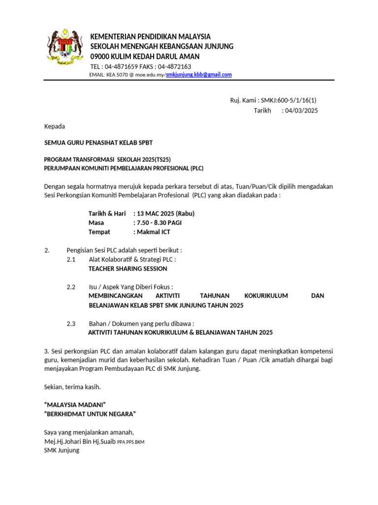 SURAT PANGGILAN PLC KELAB ICT | PDF