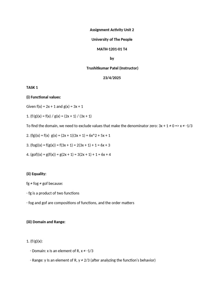 MATHS ASSIGNMENT ACTIVITY UNIT 2 | PDF | Function (Mathematics ...
