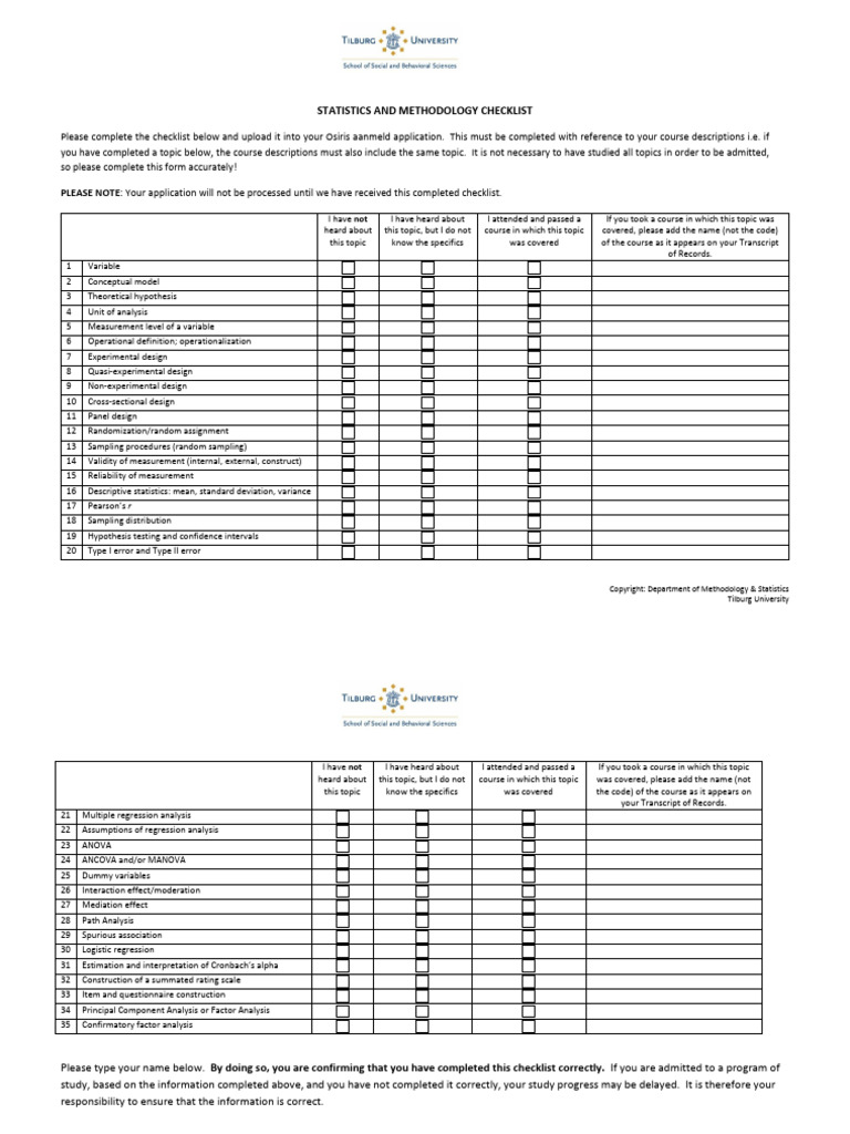 TSB Statistics Checklist Fixed | PDF | Methodology | Regression Analysis