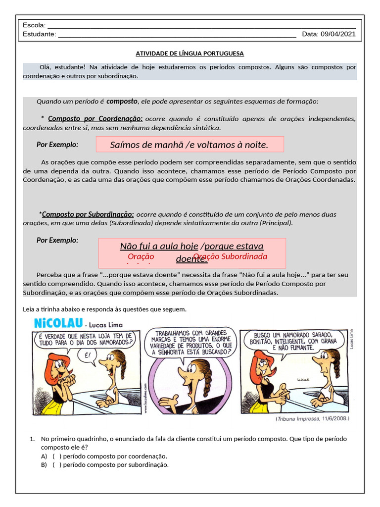 9º Ano - Atividade 6 - Período Simples e Composto | PDF